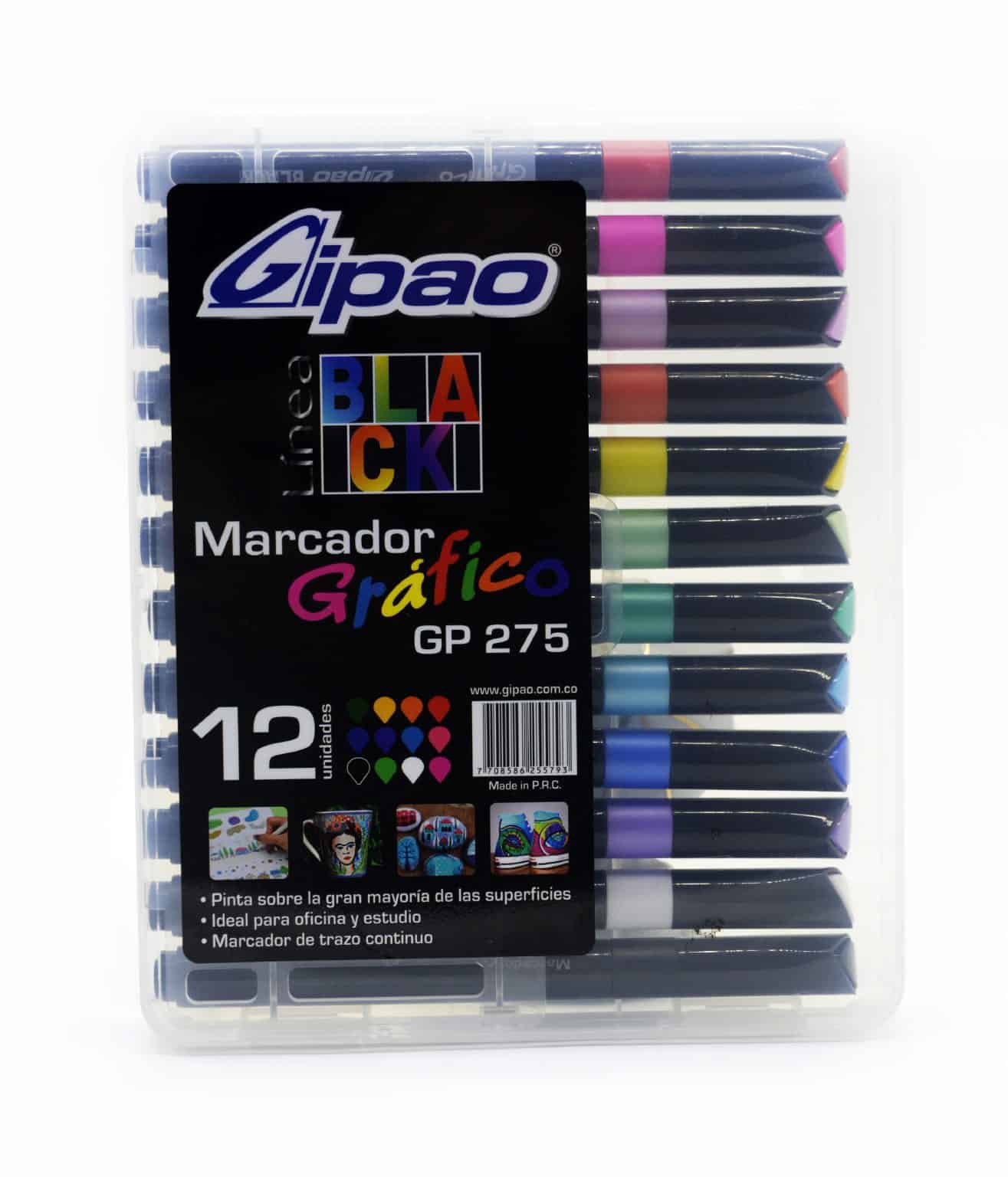 MARCADOR GIPAO GRAFICO ESTUCHE X12 COLORES LINEA BLACK - Papelería